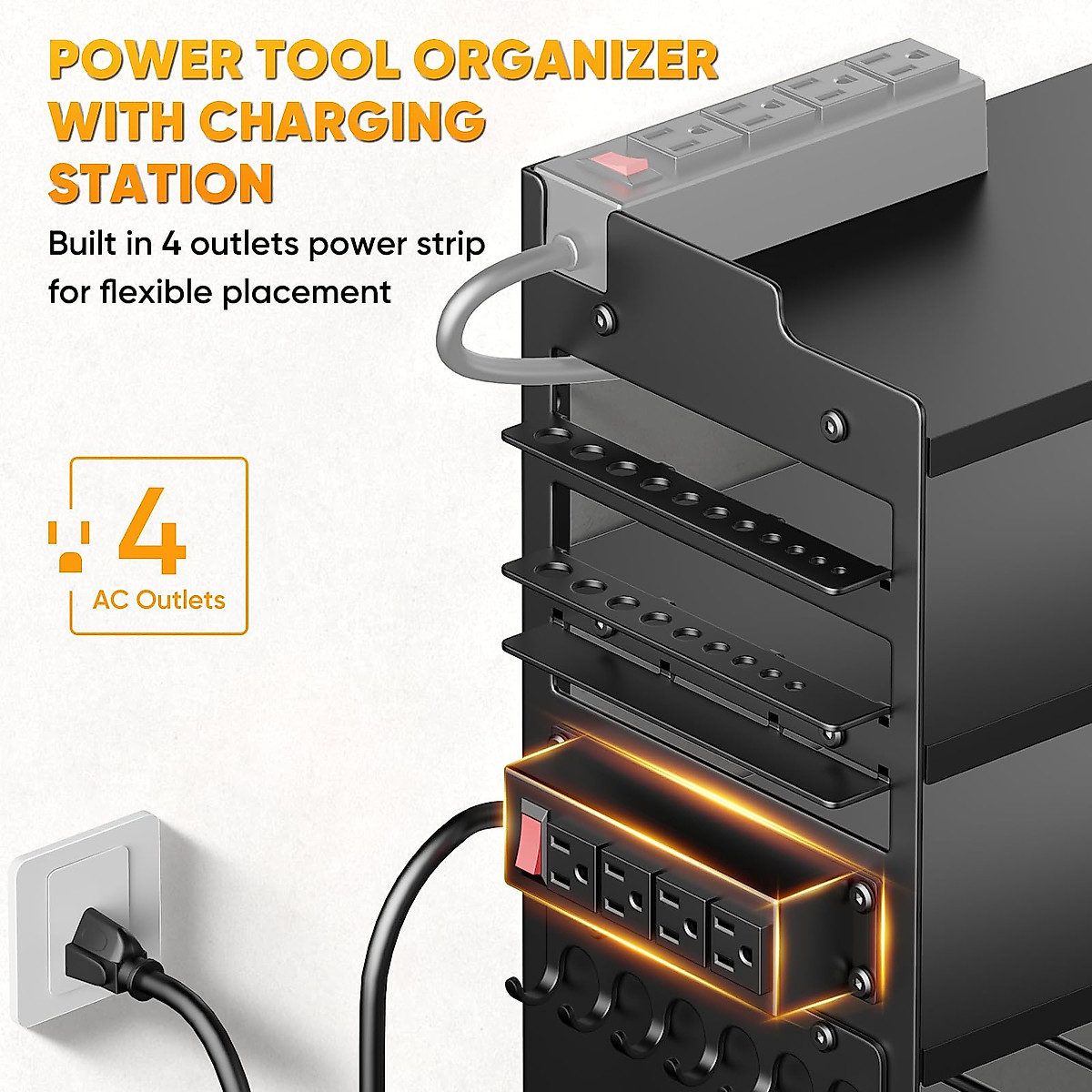 POKIPO Power Tool Organizer Wall Mount with Charging Station, 4 Layer Drill Holder Tool Storage 4 Outlet Power Strip Utility Rack with 6.56ft Cord