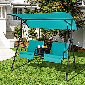 Tangkula 2 Person Porch Swing, Outdoor Swing with Pivot Storage Table, Cooler Bag, 2 Cup Holders, Removable Cushions, Patio Swing with Canopy for Backyard Balcony Poolside (Turquoise)