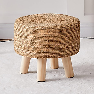 Cpintltr Foot Stool Natural Seagrass Hand Weave Poufs Round Ottoman for Couch Desk Soft Step Stool Padded Foot Rest with Non-Skid Pine Legs for Hallway Office Lounge Natural