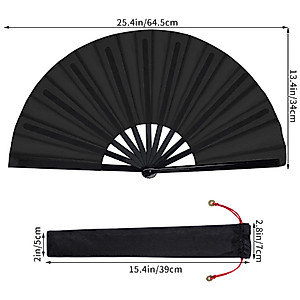 2 Packs Large Folding Hand Fan Handheld Folding Fans Chinese Tai Chi Nylon Cloth Chinese Kung Fu Fan with Holder Sleeve for Men and Women Performance Dance Decorations Festival (Black)