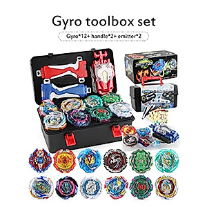 Battling Tops Box Set, Burst Gyro Toys 12 Spinning Tops + 2 Launchers + Stickers Combat Battling Game with Portable Box Gift for Kids Children Boys 499