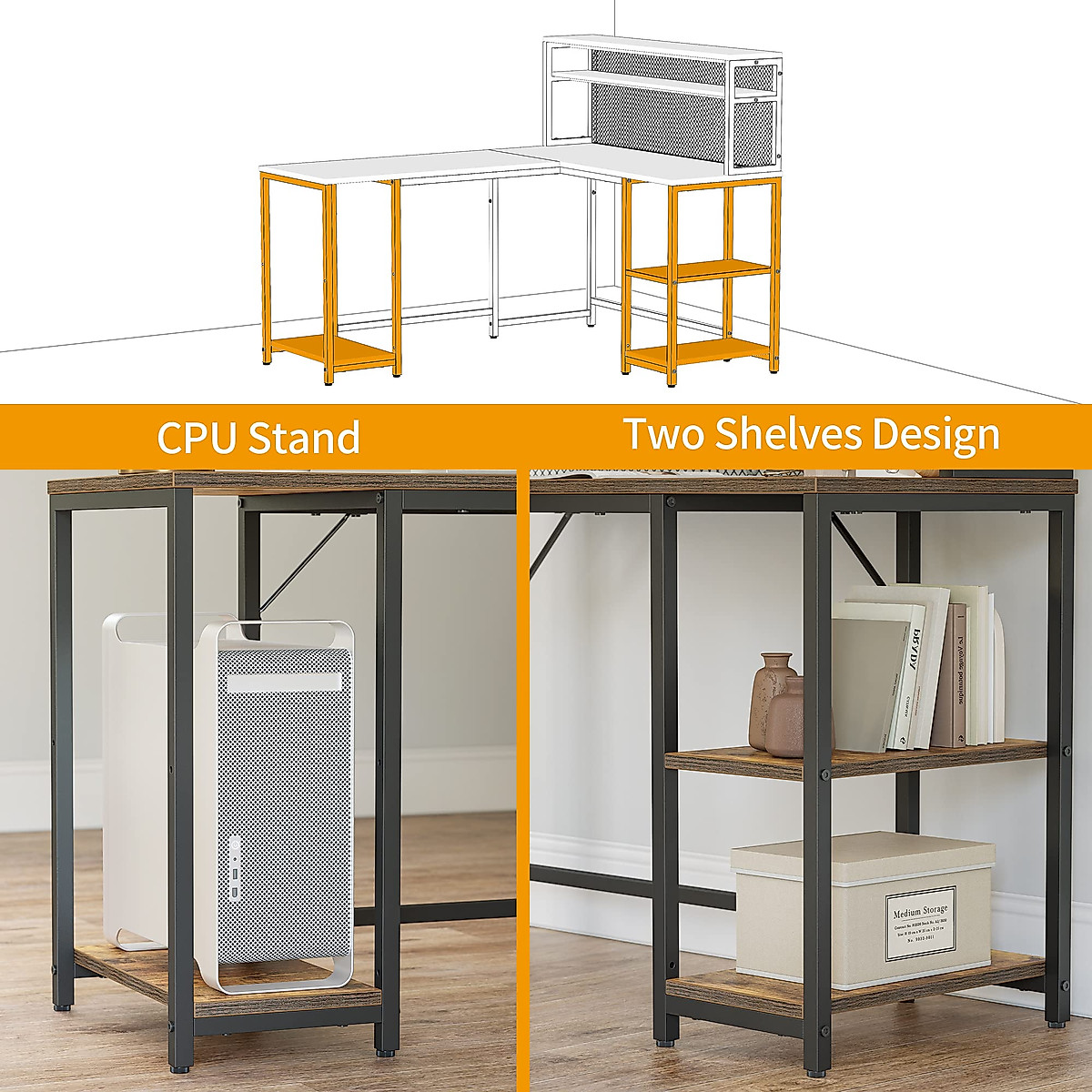 CubiCubi L Shaped Computer Desk with Hutch & Iron Mesh, 59 inch Large Home Office Desk with Storage Shelves, Study Table Writing Desk Workstation, Brown