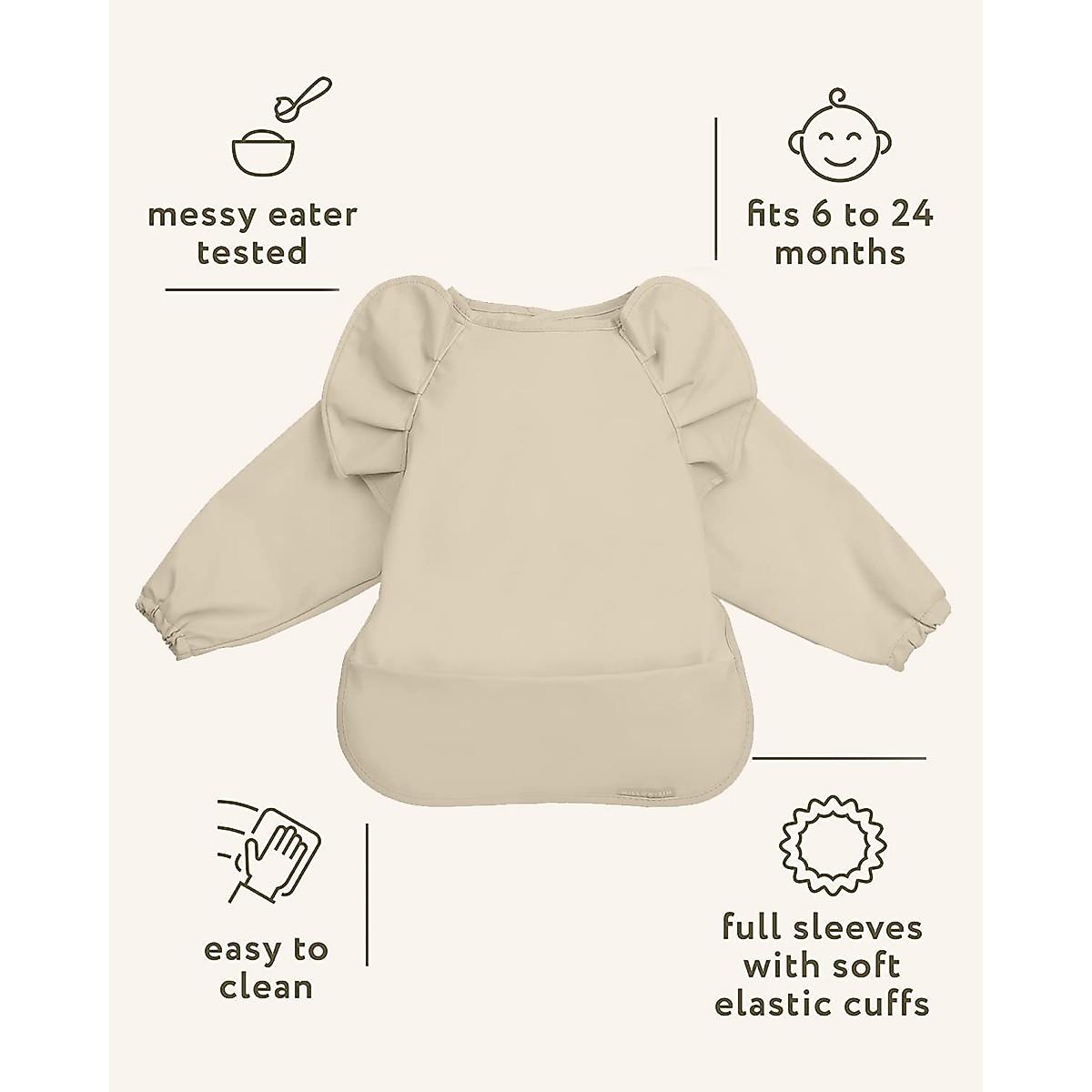 WILLOW + SIM Long Sleeve Baby Bib - Mess-Proof Feeding Bib for Babies 6-24 Months - Parchment