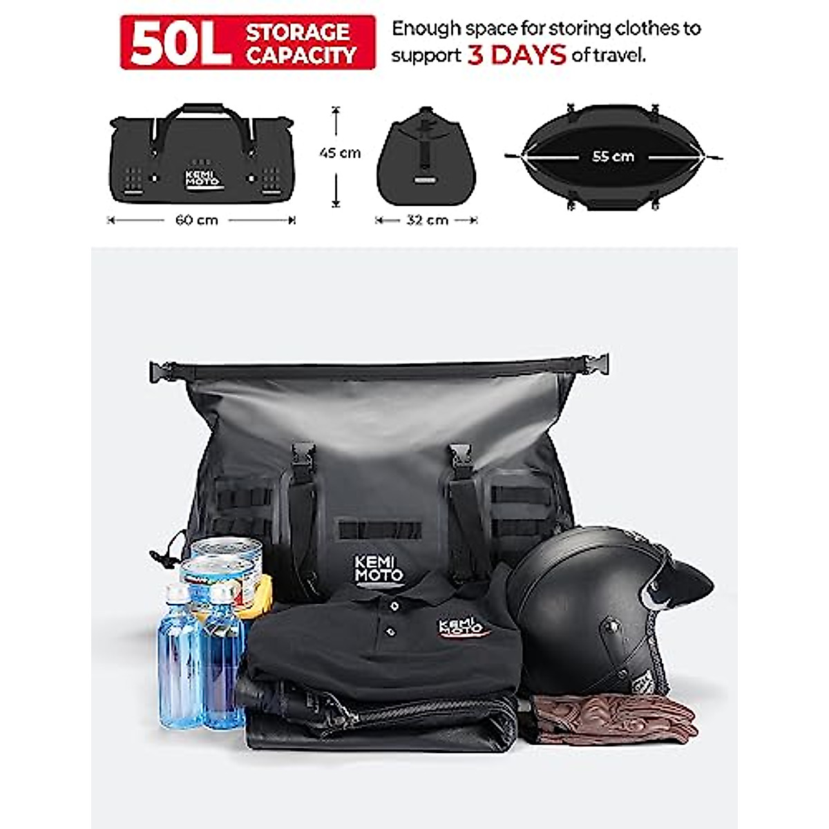 KEMIMOTO Motorcycle Dry Bag 50L, 500D PVC Waterproof Duffel Bag Motorcycle Luggage Travel Tail Bag Back Seat Rack Trunk Bag Comapatible with Touring Adventure for Motorcycle Trip Camping Rainproof