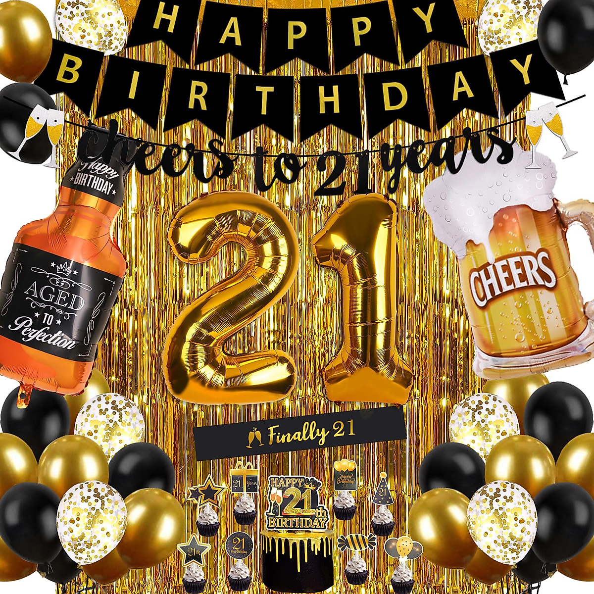21st Birthday Decorations for Him, Happy Birthday Decorations Black and Gold 21 Birthday Decorations with Happy Birthday Banner, Fringe Curtain, Confetti and Latex Balloons