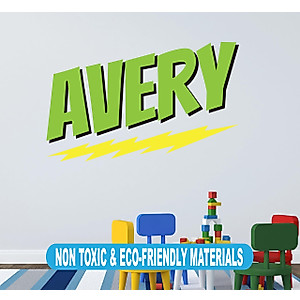 Custom Name Superhero Wall Decal - Superhero Name with Lightning Bolt Sticker - Personalized Superhero Name Wall Sticker - Superheroes Nursery Wall Decor - Wall Decal For Nursery bedroom Decoration (Mini Wide 15"x9")