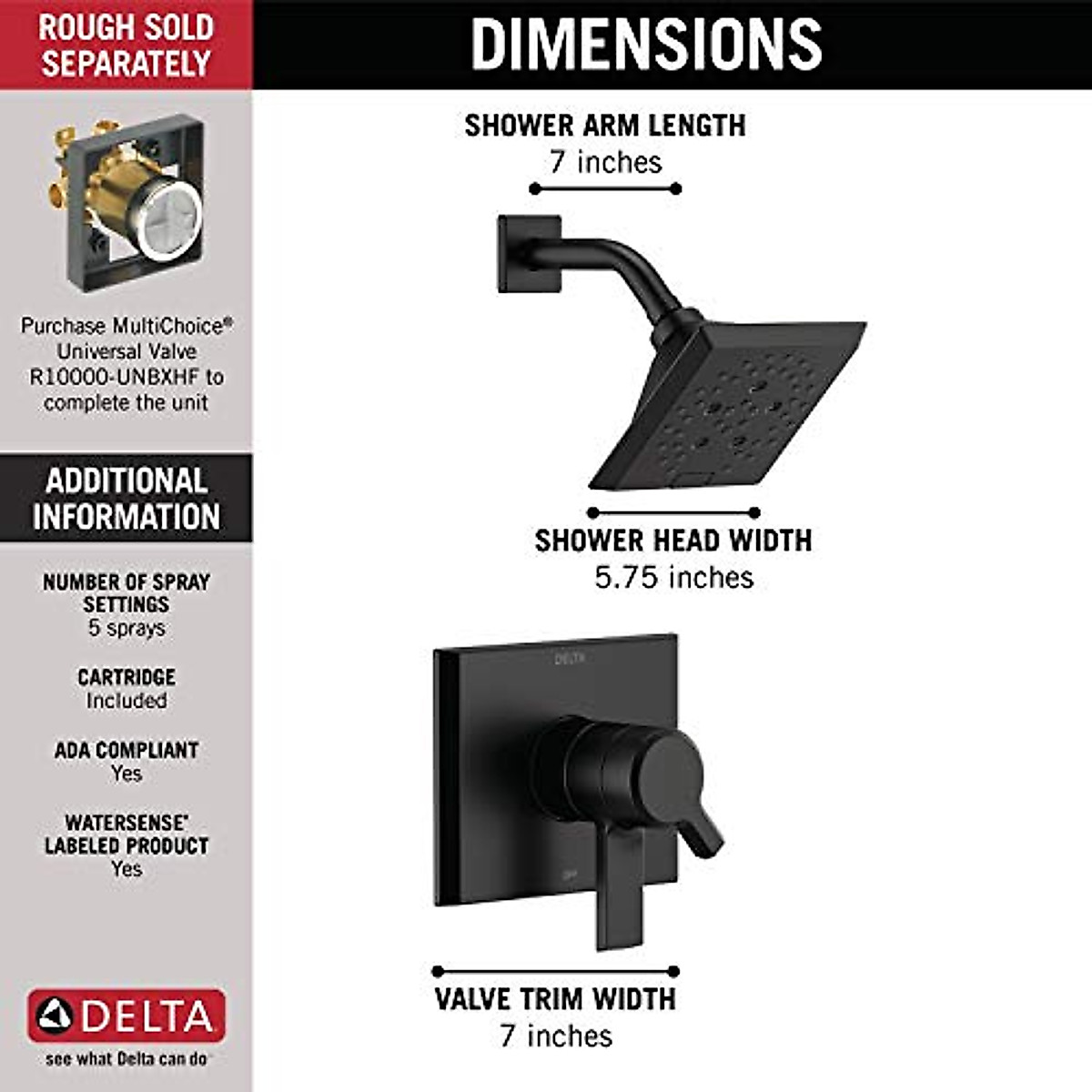 Delta Faucet Pivotal 17 Series Dual-Function Matte Black Shower Faucet, Shower Trim Kit, 5-Spray H2Okinetic Shower Head, Matte Black T17299-BL (Valve Not Included)