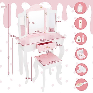 Kids Wooden Play Vanity Set with Vanity Table and 6 pcs Makeup Accessories, Tri-Fold Mirror, Storage Drawer and Matching Stool, Beauty Makeup Vanity Table and Chair Set for Toddlers (Pink)