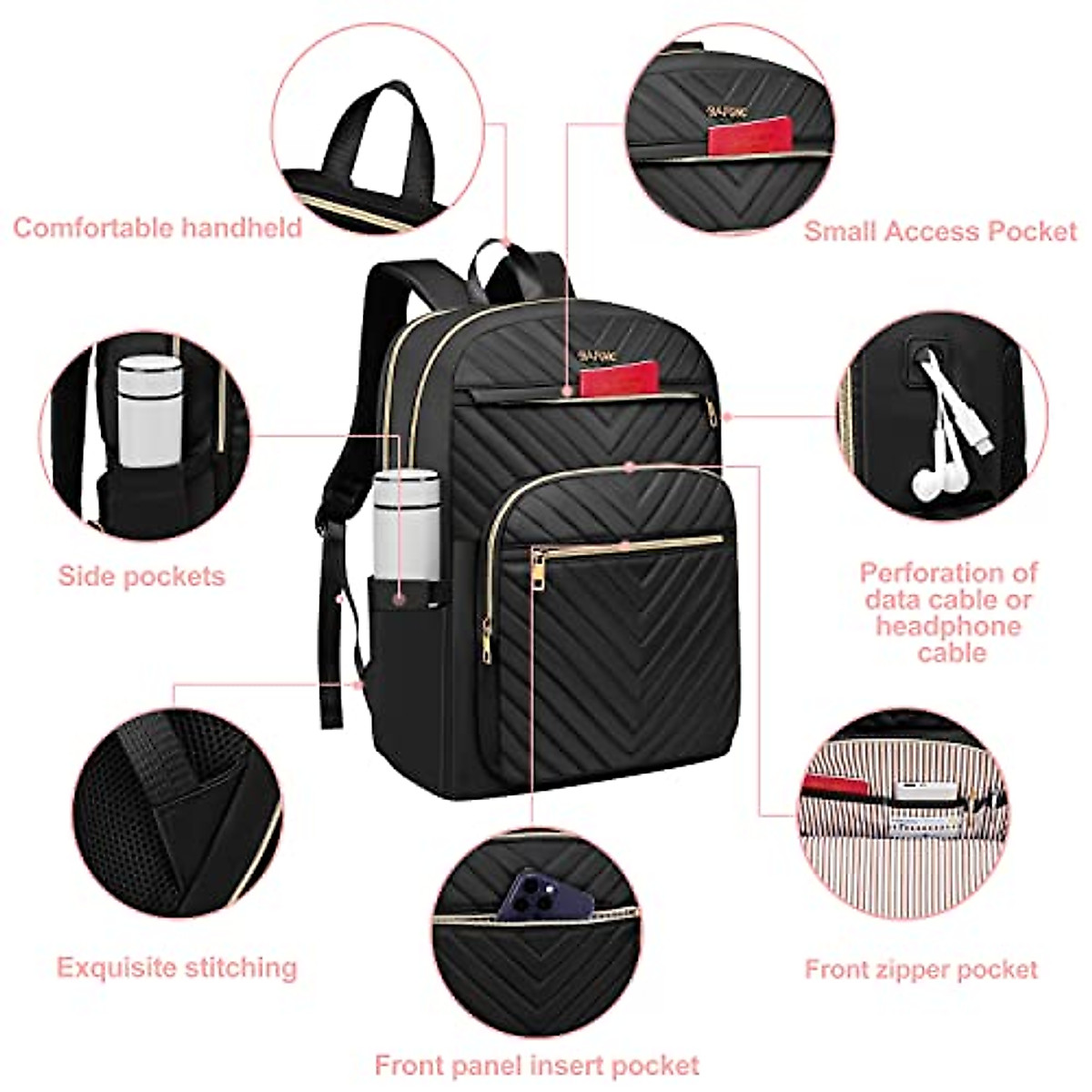 CAFELE Laptop Backpack 17.3 Inch Stylish Daypack with USB Port, Water-repellent College Bookbag,Large Bagpack for Travel/Business/Women/Quilted Black