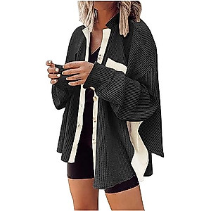 fesfesfes Shirt Jacket for Women Button Down Pockets Knit Oversized Coats Long Sleeve Solid Casual Loose Fall Winter Tops