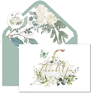 Quera 24 Pack Fall Thank You Cards Floral Pumpkin Autumn Blank Greeting Cards With Envelopes Stickers For Fall Baby Shower Weddings Thanksgiving Bridal Shower - 4x6 Inch