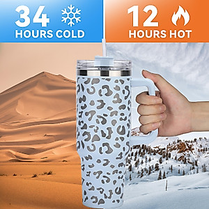 TINVSKQQKJ 40oz Leopard Tumbler with handle and Straw with lid,Double Walled Stainless Steel Leopard Tumbler Leak Resistant Insulated Sports Travel Cup for Cold Heat water and Ice for Hours