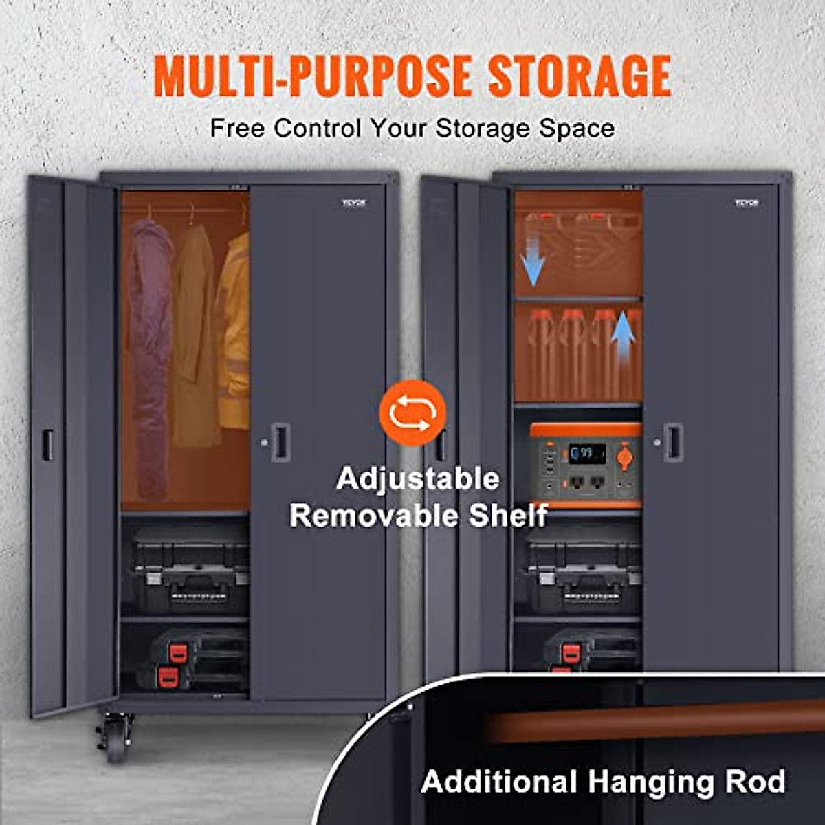 VEVOR Metal Storage Cabinet with Wheels, 200 lbs Load Capacity per Shelf, 72'' Tall Powder-Coating Steel Garage Cabinet with 4 Adjustable Shelves, Magnet Doors & Lock, Perfect for Office Home Garage