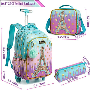 Egchescebo School Bags Kids Rolling Backpack Luggage Suitcase With Wheels Trolley Wheeled Backpacks for Girls Travel Bags 3PCS Cat Backpack With Lunch for kids Sky Blue Bags