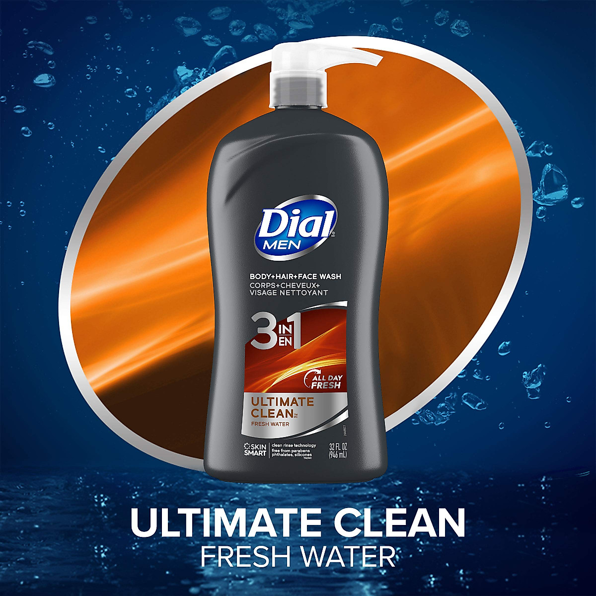Dial Men 3in1 Body, Hair and Face Wash, Ultimate Clean, 32 Fl Oz
