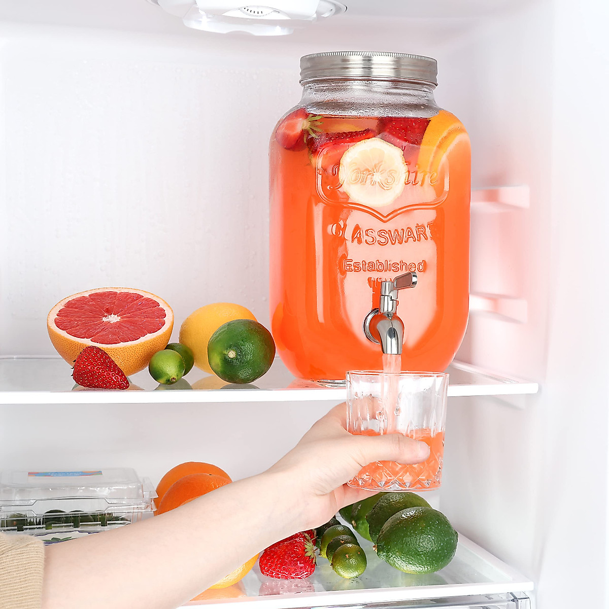 Glass Drink Dispenser,1 Gallon Glass Beverage Dispenser w/Stainless-steel Spigot & Lid,Glass Water Dispenser for parties, Laundry Soap Detergent Dispenser