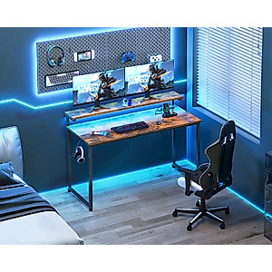 AODK Computer Desk, 48 Inch Gaming Desk with LED Lights and Power Outlet, Office Desk with Adjustable Monitor Shelf (3 Heights), Computer Table Work Desk for Home/Bedroom, Rustic Brown
