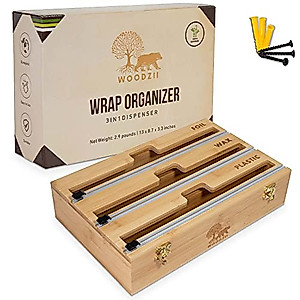 WOODZII 3 in 1 Plastic Wrap Dispenser with Cutter - Bamboo Foil and Plastic Wrap Organizer for Kitchen Drawer or Wall Mount - Wax Paper & Aluminum Foil Organizer Compatible with 12" Roll