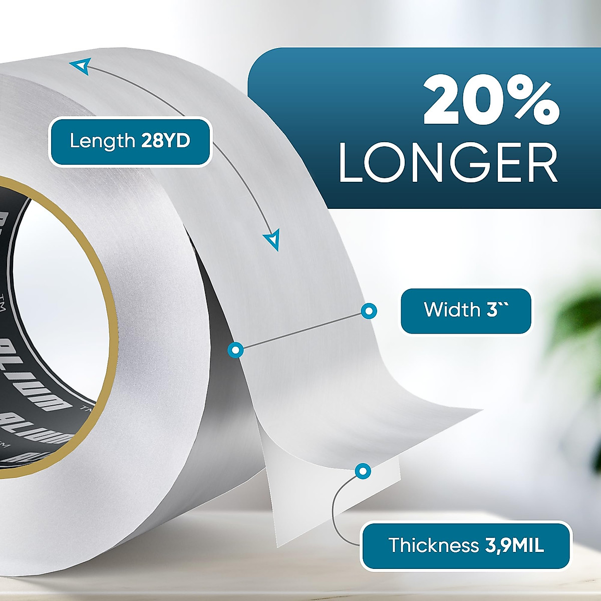 ALIUM 3 Inch (28YD) Aluminum Foil Duct Tape Heavy Duty, Very Sticky, Easy to Manipulate, 3.9 Mil Thick Silver Tape Weather Resistant for Indoor Outdoor Use, Heat Resistant HVAC Tape, Waterproof