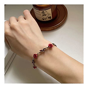 yomlry 3Pcs Rose Red Jewelry S925 Red Flower Necklaces for Women Red Rose Flower Dangle Earrings Rose Bracelet Rose Gold Prom Jewelry Sets for Women Bride Wedding red rose