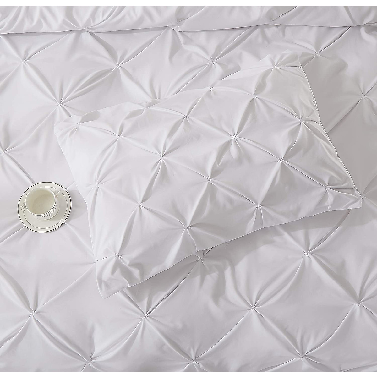 Pinch Pleated Pintuck White | Super King 98x108 | 3 Pieces Duvet Cover Set Soft & Cozy Egyptian Cotton | Zipper Closure & Corner Ties | 1 Duvet Cover with 2 Pillow Sham