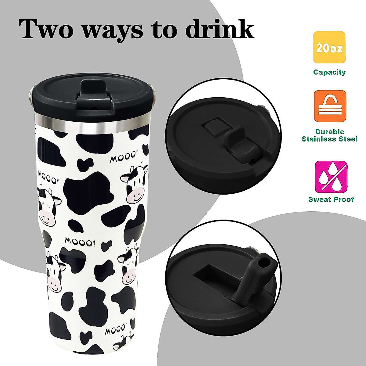 Cute Cow Tumbler with Handle and Straw, Stainless Steel Vacuum Insulated Flip Straw 30 oz Cow Tumbler Spill Proof Coffee Travel Mug Cow Gifts for Women