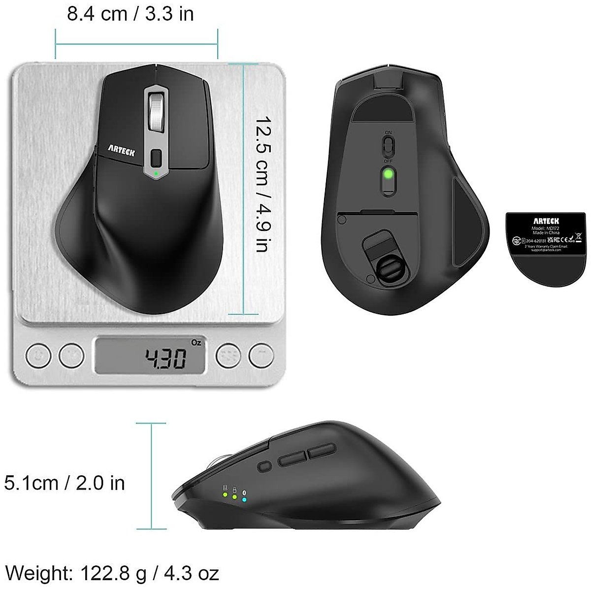 Arteck Multi-Device Wireless Bluetooth Mouse with Nano USB-A, USB-C Receiver Ergonomic Right Hand Silent Clicking Rechargeable Mouse for Computer Desktop PC Laptop Mac iPad and Windows 11/10 iPad OS