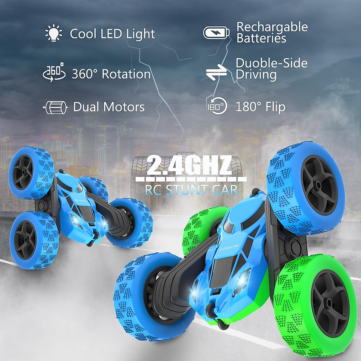 cosone Remote Control Car Toys for Boys - 4WD 2.4Ghz Double Sided 360° Rotating All Terrain RC Cars with Cool Lights, Kids Birthday for Boys-Blue&Green