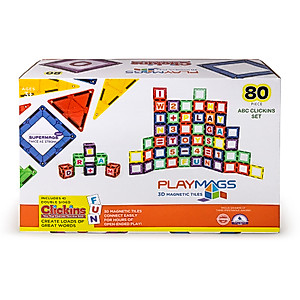 Playmags Magnetic Tile Building Set: Exclusive Educational Clickins – 80-Pc. Kit: 40 Super Strong Clear Color Magnet Tiles Windows & 40 Letters & Numbers – Stimulate Creativity & Brain Development