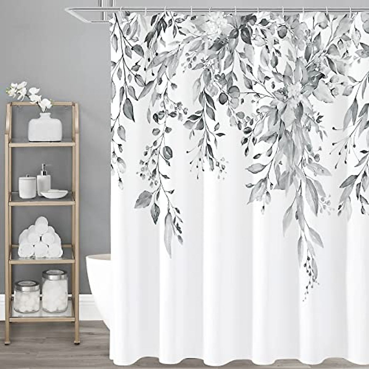 Gibelle Grey Eucalyptus Shower Curtain, Watercolor Plant Leaves with Floral Bathroom Shower Curtain Set with Hooks, Gray White, 72x72
