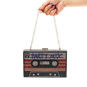 ZLM BAG US Retro Cassette Evening Clutch Purse Crystal Inlaid Bling Crossbody Shoulder Bag for Graduation Wedding Party