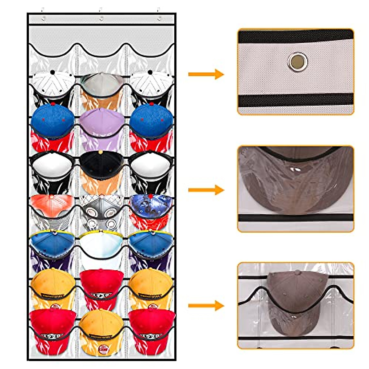 kingdalux Baseball Hat Rack 24 Pocket for Wall or Over The Door Cap Organizer with Clear Deep Pockets, for Hat Storage & Ballcap Caps Display Holder, Complete with Over Door Hooks