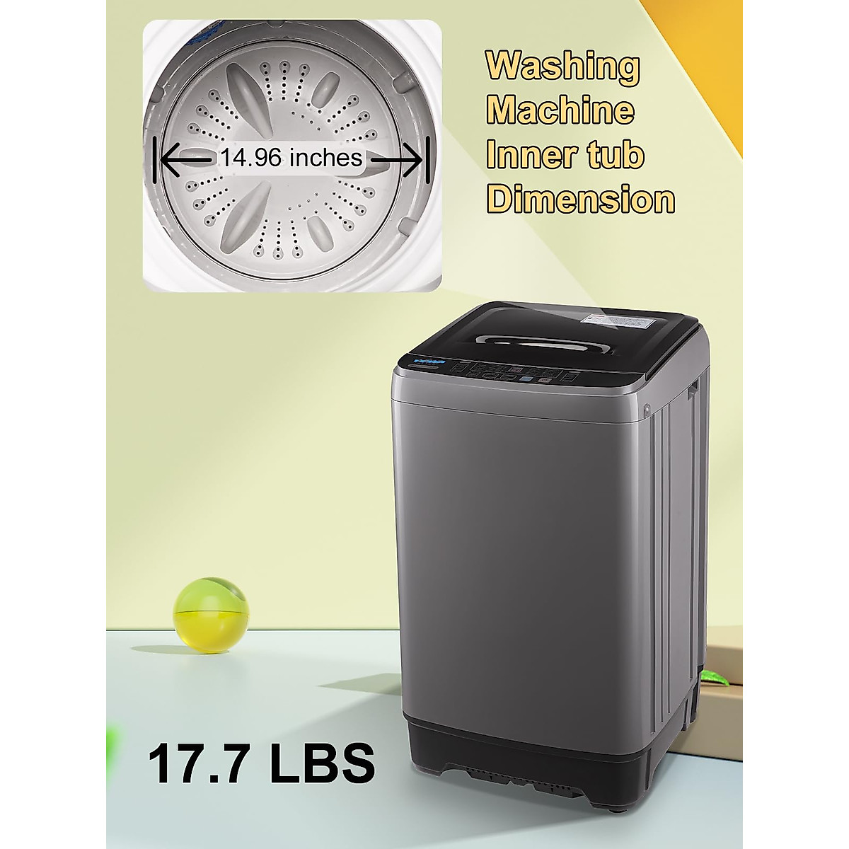 KRIB BLING Full-Automatic Washing Machine with LED Display, 17.7 lbs Portable Compact Laundry Washer with Drain Pump, 10 Wash Programs 8 Water Levels, Grey, XQB201A-GREY 177