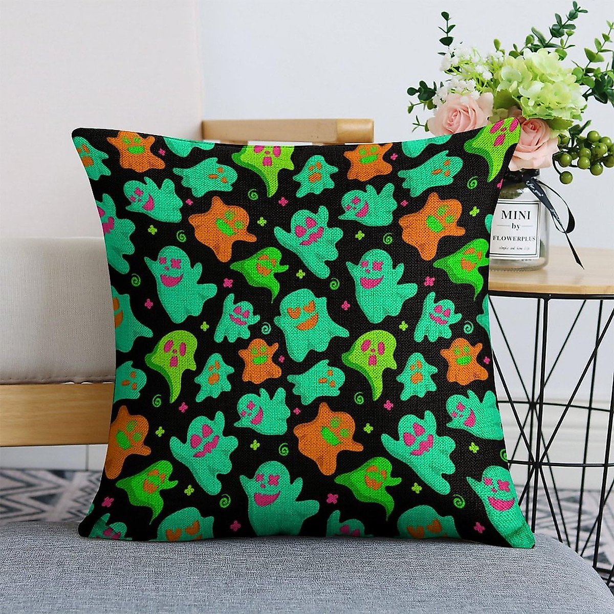 Happy Halloween Cute Ghost Throw Pillow Covers 18×18 Pillowcases Set of 2 Green Glitter Linen Decorative Square Pillow Case Cushion Covers Standard Size for Sofa Couch Outdoor Bed Pillow Protectors