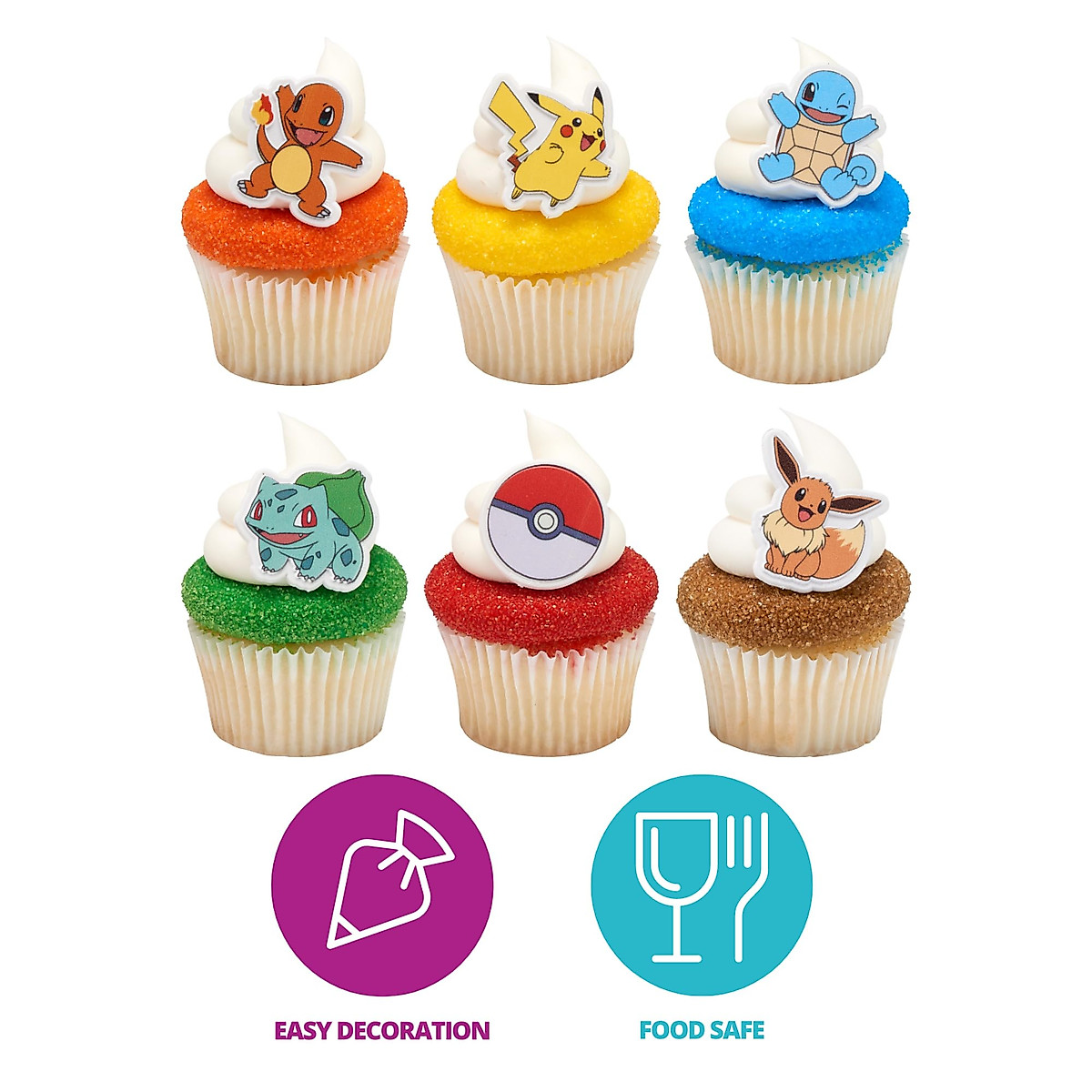 DecoPac Pokémon Rings, Cupcake Decorations With Pikachu, Bulbasaur, Eevee, Charmander, Squirtle, and Poké Ball, Multicolored Food Safe Cake Toppers – 24 Pack
