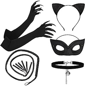 Hicarer 5 Pcs Halloween Cat Costume Party Accessories Cat Ears Headband Long Fingernails Paw Gloves Black Cat Collar Half Mask for Women Fancy Dress Party Prop