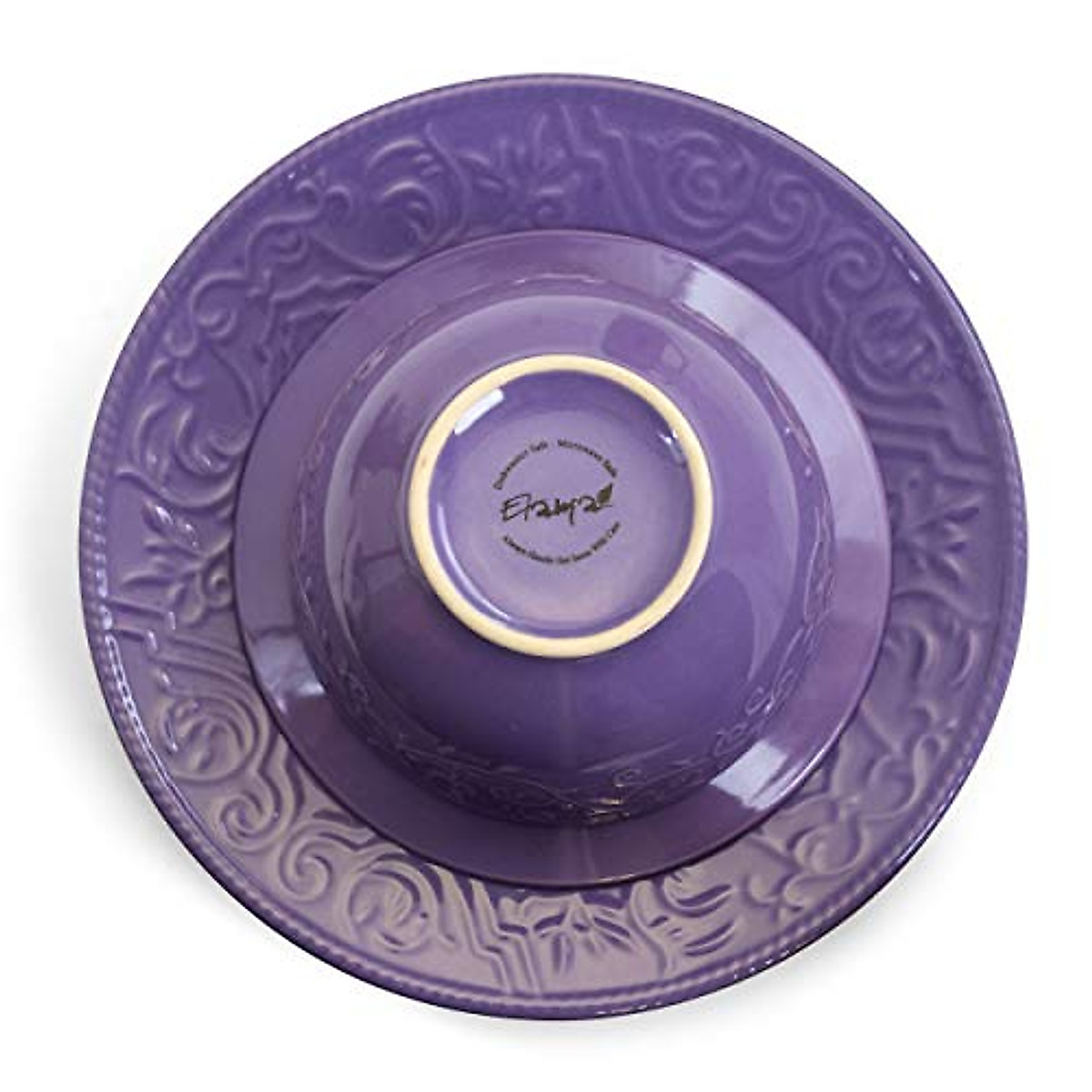 Elama Embossed Stoneware Elegant Round Dinnerware Dish Set, 16 Piece Set, Lilac Purple