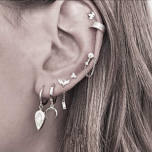 Tiny Moon Dangle Hoop Earrings for Women Girls S925 Sterling Silver Charms Hoops Crescent Half Moon Horn Drop Tiny Cuff Cartilage Helix Minimalist Polished Earrings Fashion Jewelry (Silver)