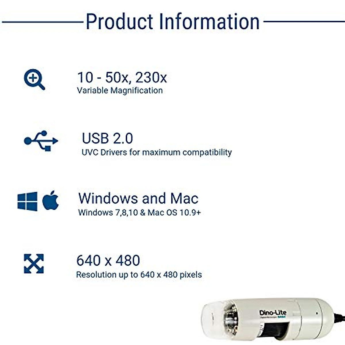 Dino-Lite USB Digital Microscope AM2111-0.3MP, 10x - 50x, 230x Optical Magnification, 4 LEDs