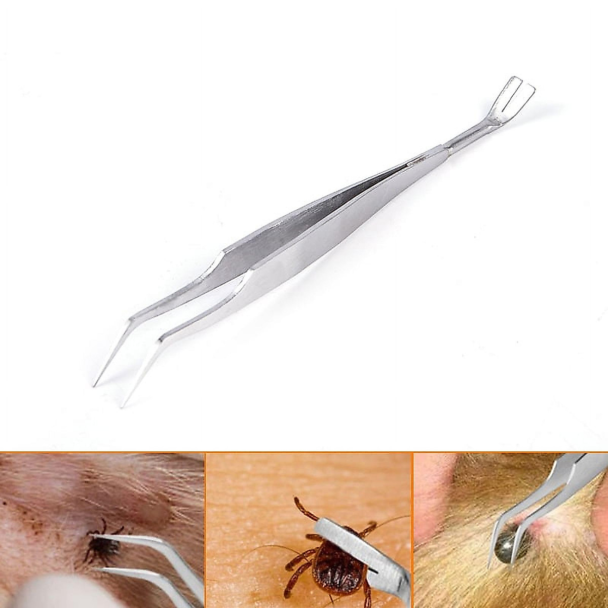 Calsgkspray Silver 2 in 1 Tick Removal Tool for Pets, Stainless Steel Professional Tick Tweezers Ticks Remover for Dogs Cats Tick Tweezers for Humans Pets, Hair Removal Mitts and Rollers