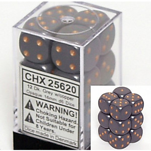 Chessex Dice d6 Sets: Opaque Dark Grey with Copper - 16mm Six Sided Die (12) Block of Dice