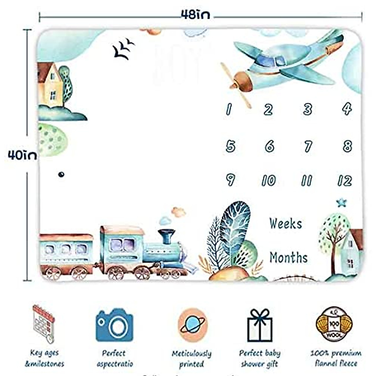 Airplane and Train Baby Monthly Milestone Blanket for Boy, Baby Blanket with Month Marker Frame, 48x40in, 1-12 Months Milestones, for Baby Showers and Newborn