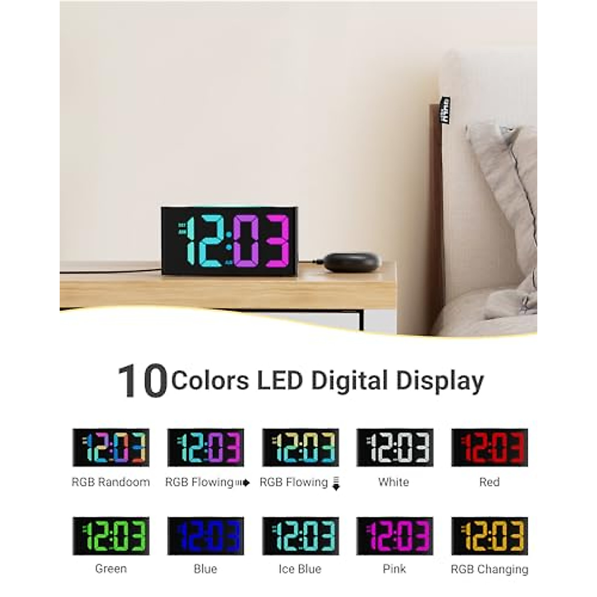 Vibrating Alarm Clock with Bed Shaker : 10 Dynamic Display RGB Clock, 8 Night Light, Brightness Dimmable Loud Alarm Clock for Heavy Sleepers Adults/Kids/Teens