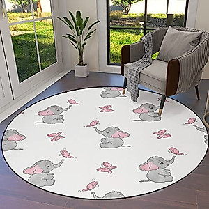OUR DREAMS Round Area Rugs Children Crawling Mat,Elephant Nursery Decor Residential Carpet for Living Dining Room Kitchen Rugs Decor,Baby Elephants Playing with Butterflies Lovely Kids Room,5Ft(60In