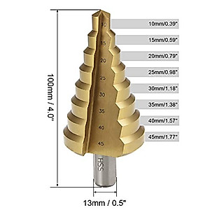 uxcell Step Drill Bit HSS 10mm to 45mm 8 Sizes Titanium Coated Straight Flutes Trilateral Shank for Metal Wood Plastic