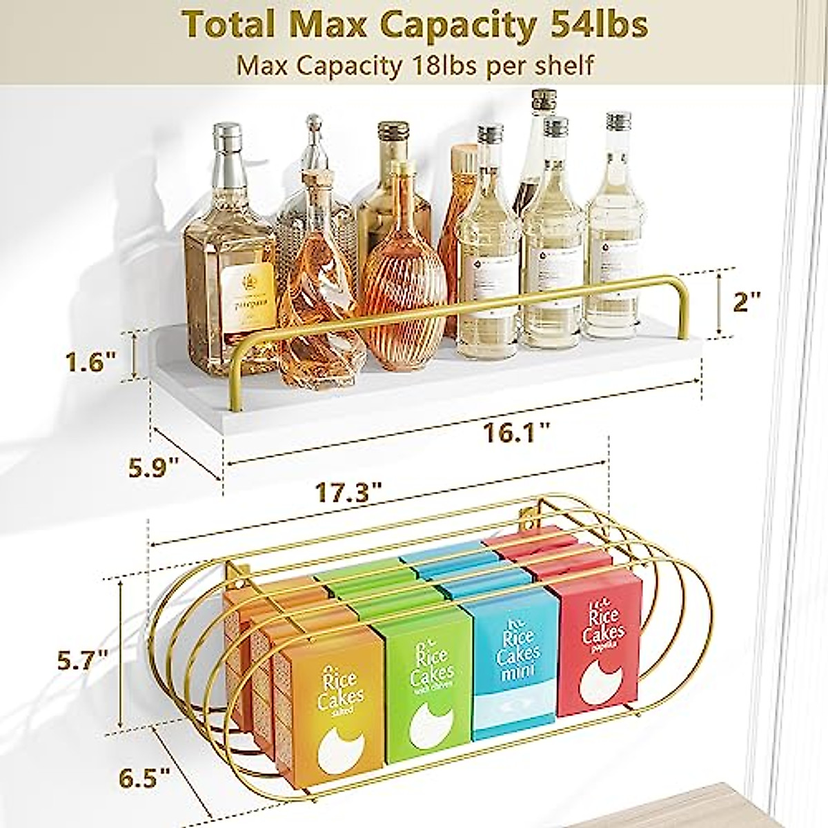 Love-KANKEI Floating Shelves Wall Mounted, Bathroom Shelf with Towel Bar, Wall Shelves with Wire Storage Basket,Wood Shelves for Kitchen Bedroom Living Room, Set of 3 White and Gold