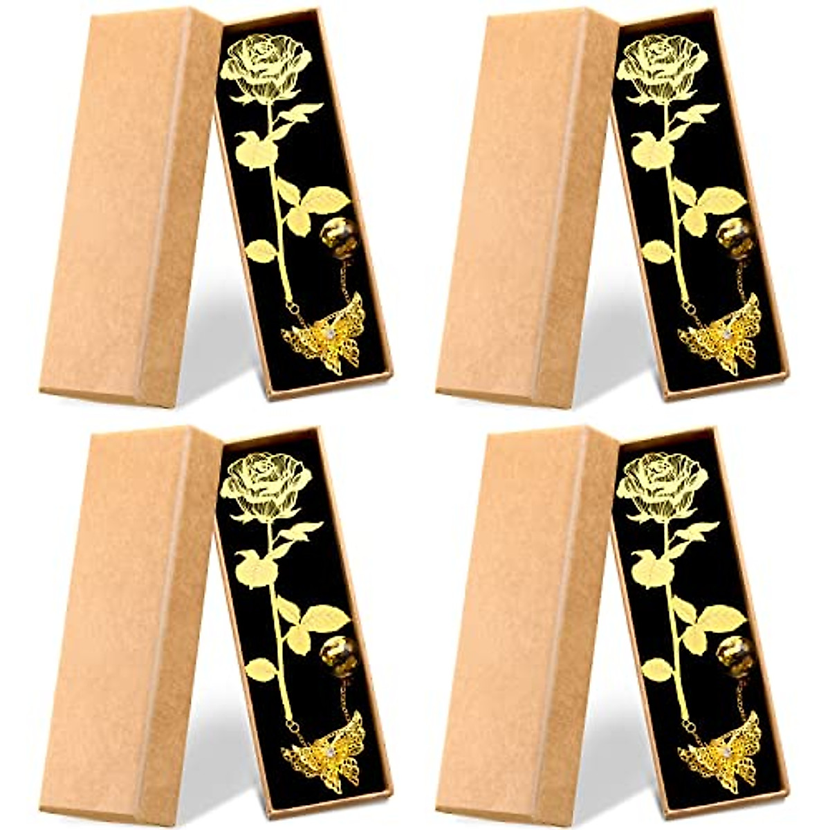 4 Pack Metal Golden Rose Bookmarks Flower Bookmark Cute Bookmarks with 3D Butterfly Pendant Chain and Box Teacher Mom Appreciation Birthday Gifts for Reader Book Lover