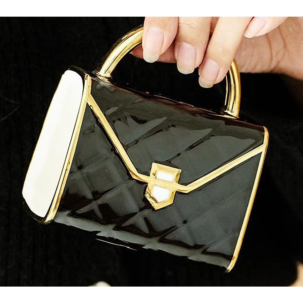 LmlJoo Creative and Adorable Handbag-Shaped Mug with Saucer Cup and Golden Spoon for Enjoying Tea, Juice, Milk, Hot Chocolate or Cappuccino (Black)