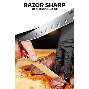 DALSTRONG Steak Knife Set - 8 Piece - 5 inch Straight Edge Blade - Gladiator Series Elite - Forged High-Carbon German Steel Dinner Kitchen Knife - Red ABS Handle - Folding Block Set - NSF Certified