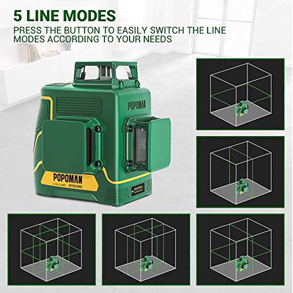 Laser Level 3D & 3 x 360°, Line Laser Green POPOMAN, USB Rechargeable, Self Leveling and Pulse Mode, Magnetic Pivoting Base, Auxiliary Supporting Bracket, Carrying Case Include - MTM350B